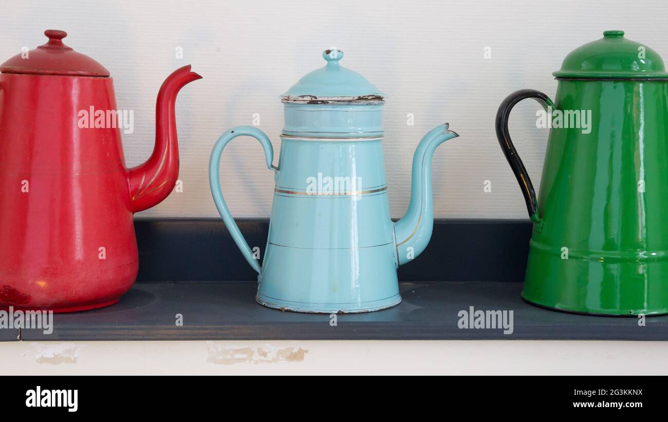 Antique blue kettle Stock Photo - Alamy