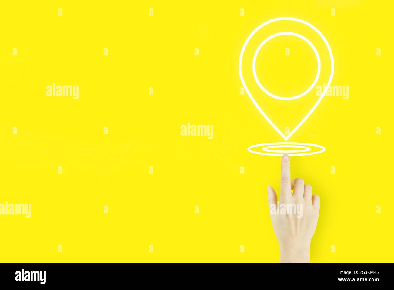 Pin address location concept. Young woman's hand finger pointing with ...