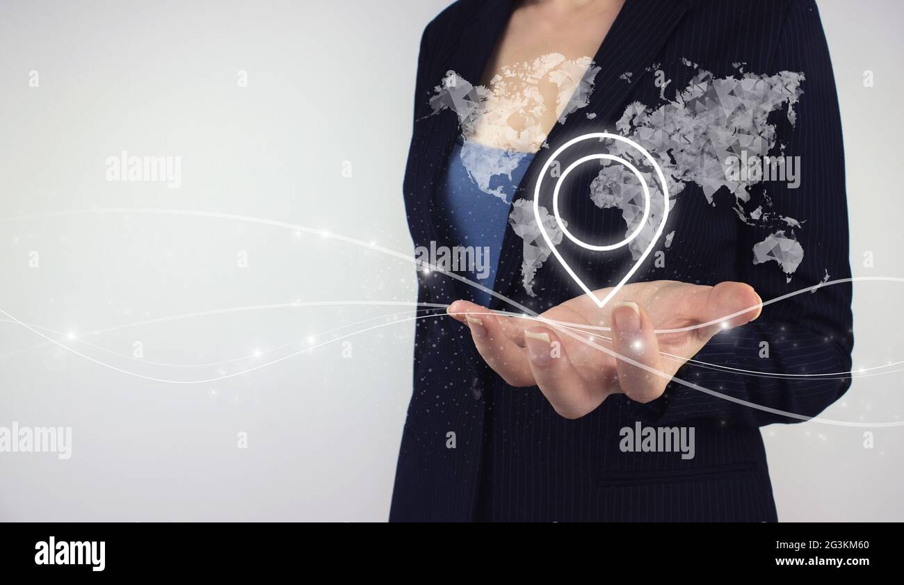 Navigation concept. Hand hold digital hologram world map and Location ...