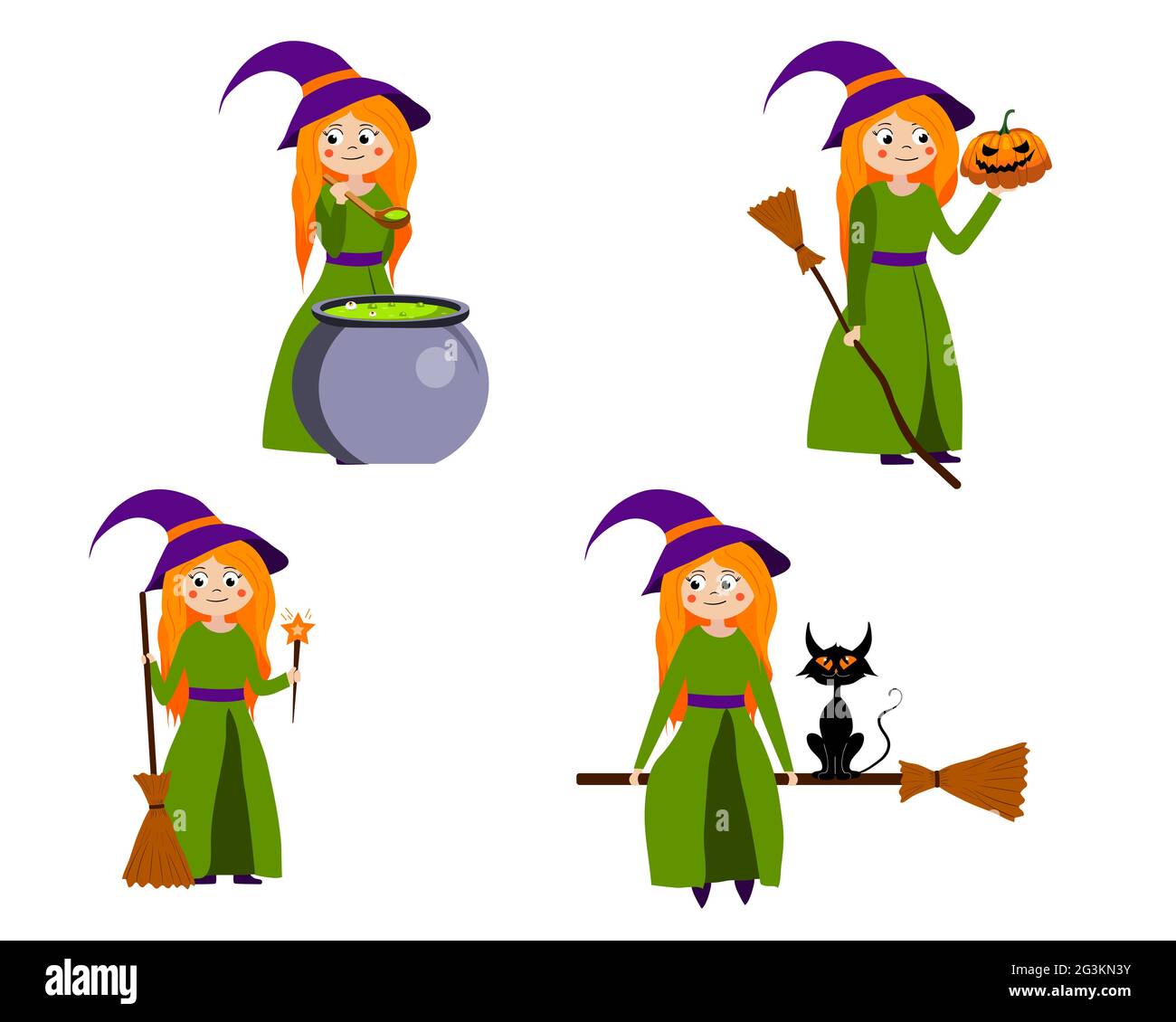 a set of cute cartoon witches in hats. vector isolated on a white ...