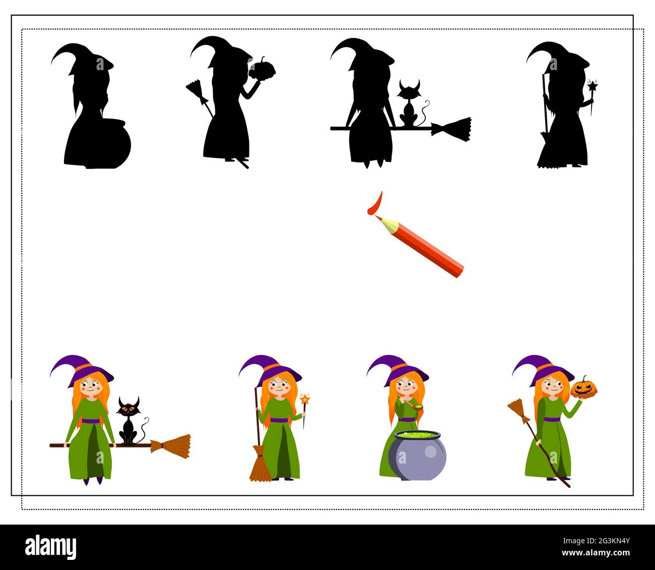 game for kids find the right shadow cartoon witches in hats and with a ...