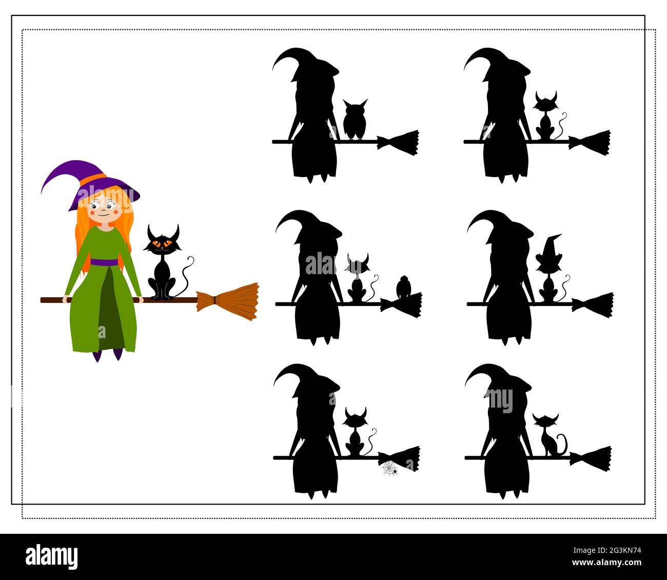 game for kids find the right shadow witch sitting on a broomstick with ...