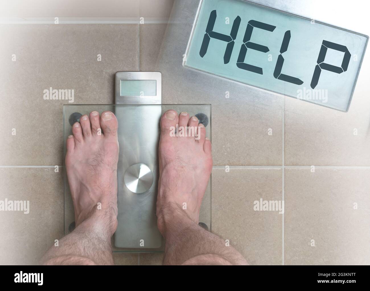 Man's feet on weight scale - Help Stock Photo - Alamy