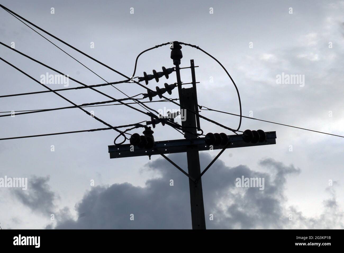 high voltage pole in blue sky white clouds background Stock Photo - Alamy