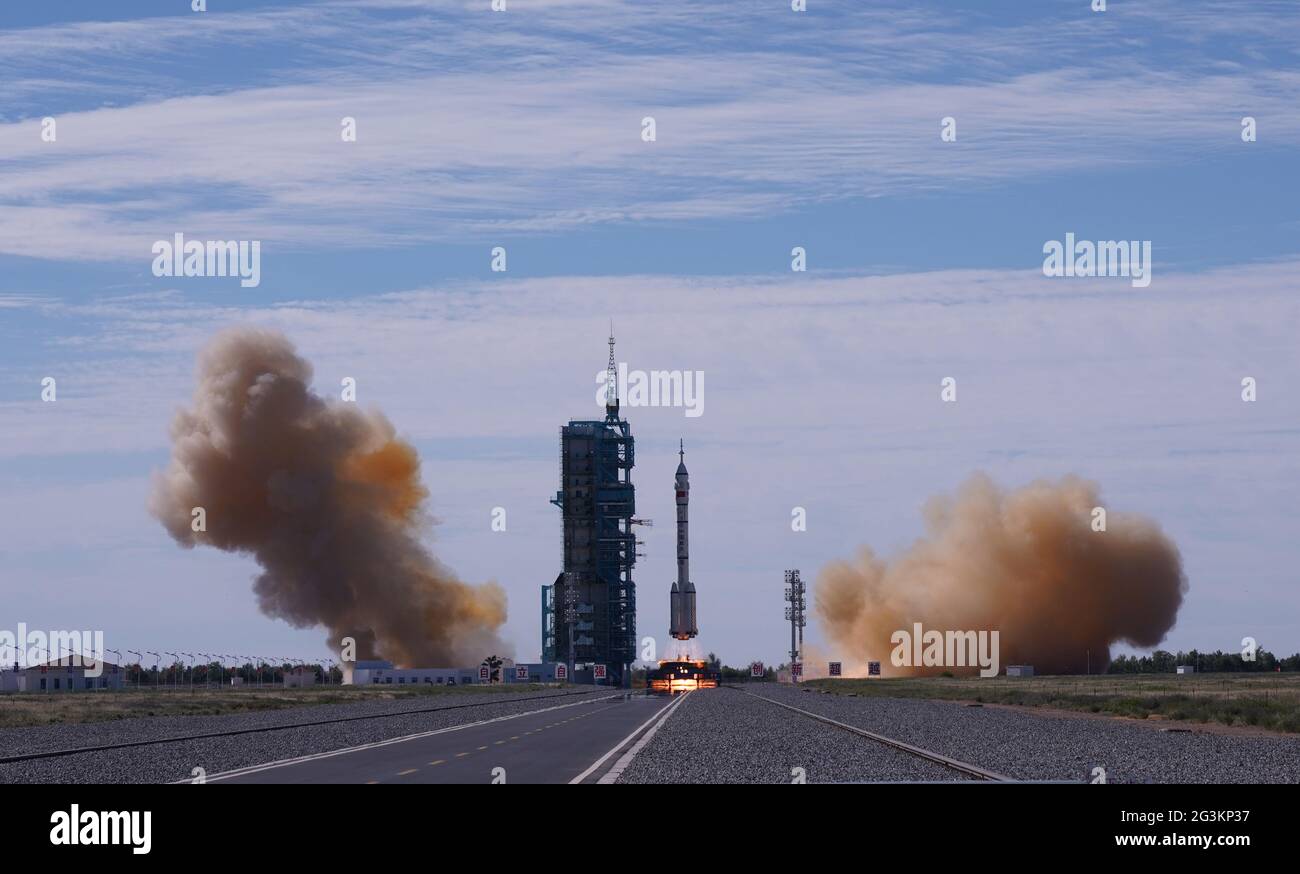 JIUQUAN, CHINA - JUNE 17, 2021 - The Shenzhou XII manned spacecraft was ...