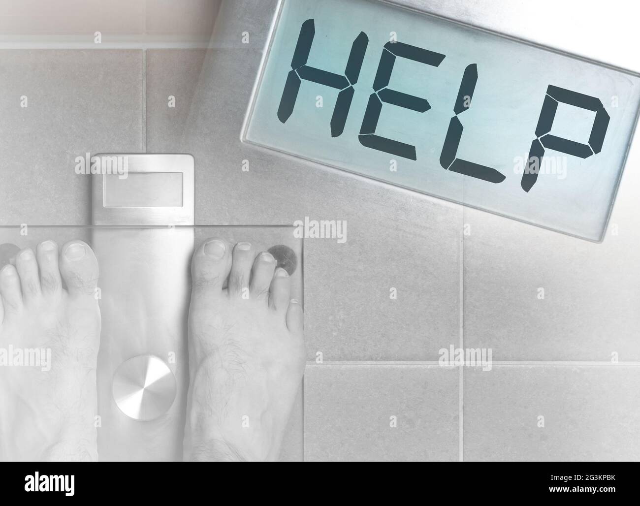 Man's feet on weight scale - Help Stock Photo - Alamy