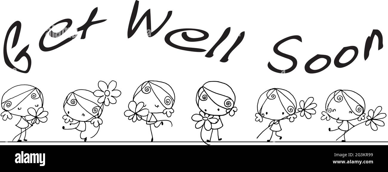 get well soon card cartoon girls with flowers Stock Photo - Alamy