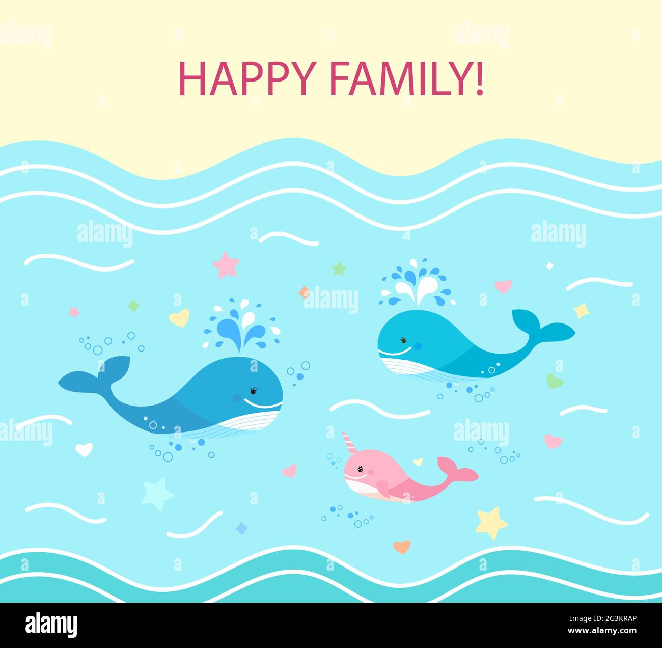 Square Card, happy family of whales. Dad is blue whale, mom and cub ...