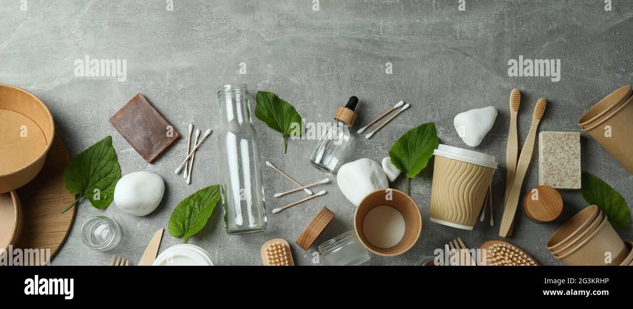 Eco friendly zero waste concept on gray textured background Stock Photo ...