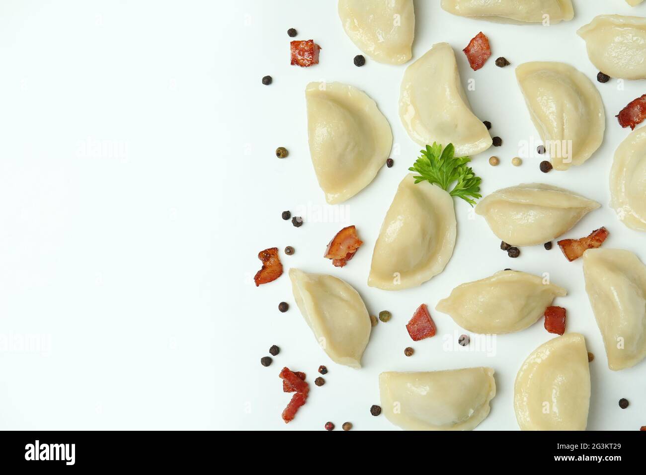 Concept of tasty food with vareniki or pierogi on white background ...