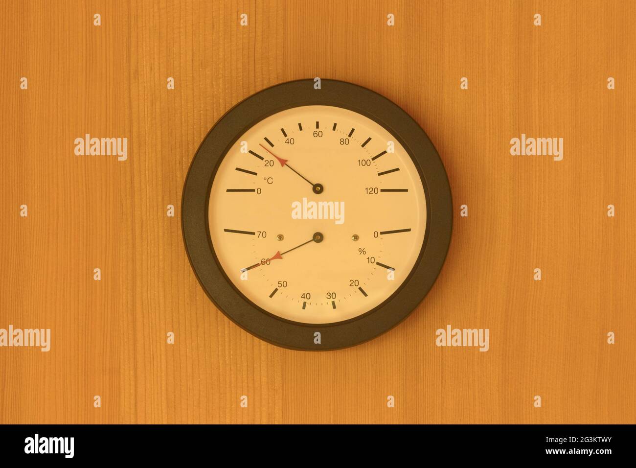 Hourglass, thermometer and hydrometer on wooden wall in sauna Stock ...