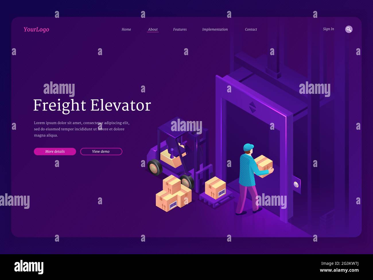 Freight elevator isometric landing page. Worker character with boxes on ...