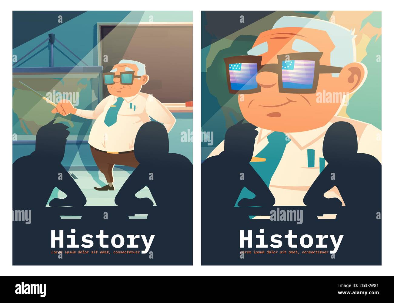 History cartoon posters, senior historian teacher with pointer at ...