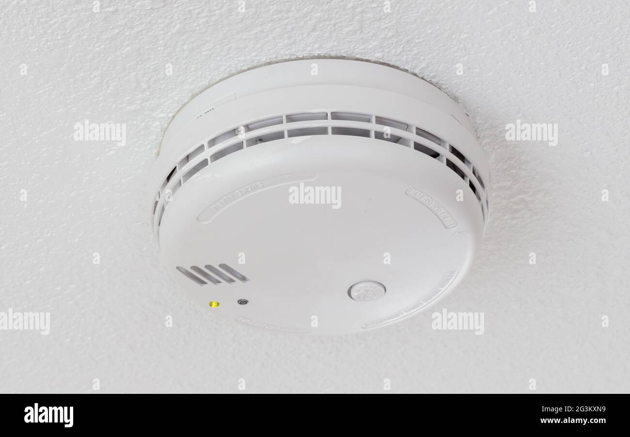 Smoke detector hanging on a ceiling Stock Photo - Alamy