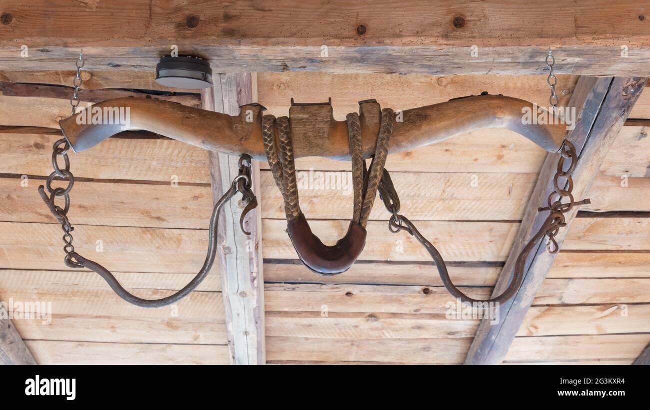 Vintage old wooden rustic ox yoke decoration Stock Photo - Alamy