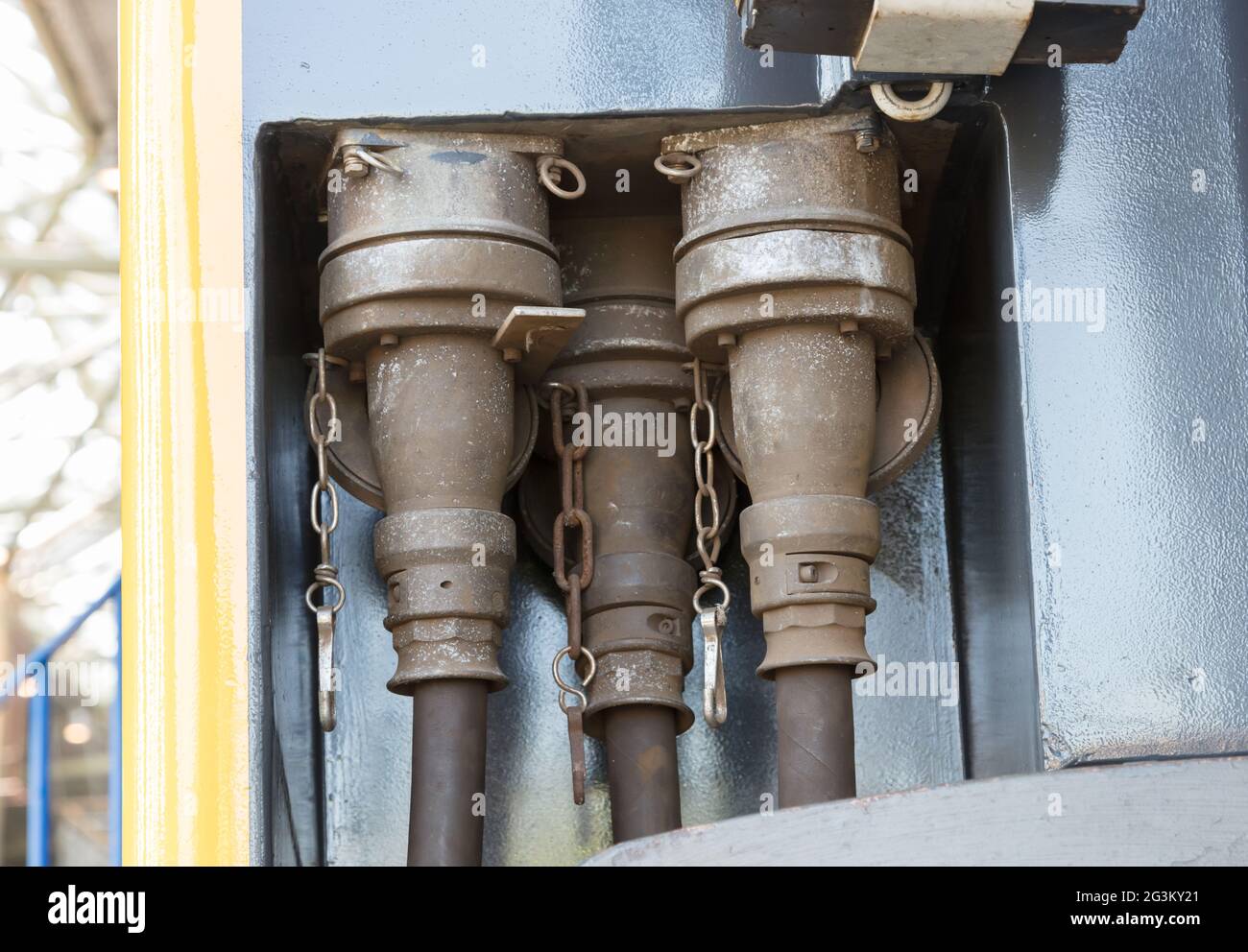 Power cables connecting train carriages Stock Photo - Alamy