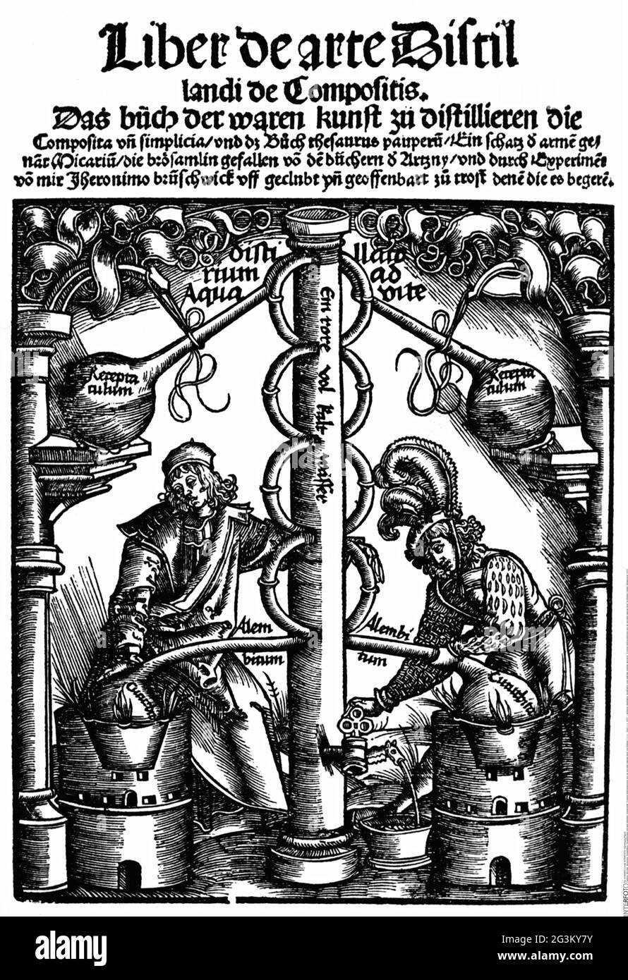 alchemy, distillation, destillation oven with two adepts, woodcut ...