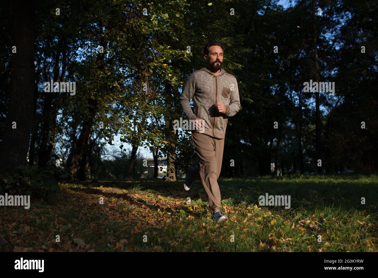 Healthy lifestyle, man running on grass in the forest Stock Photo - Alamy