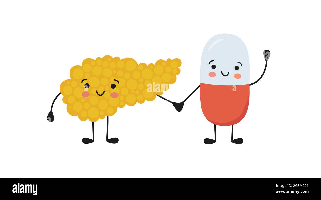 Healthy pancreas and happy smiling medicine pill characters hold hands ...