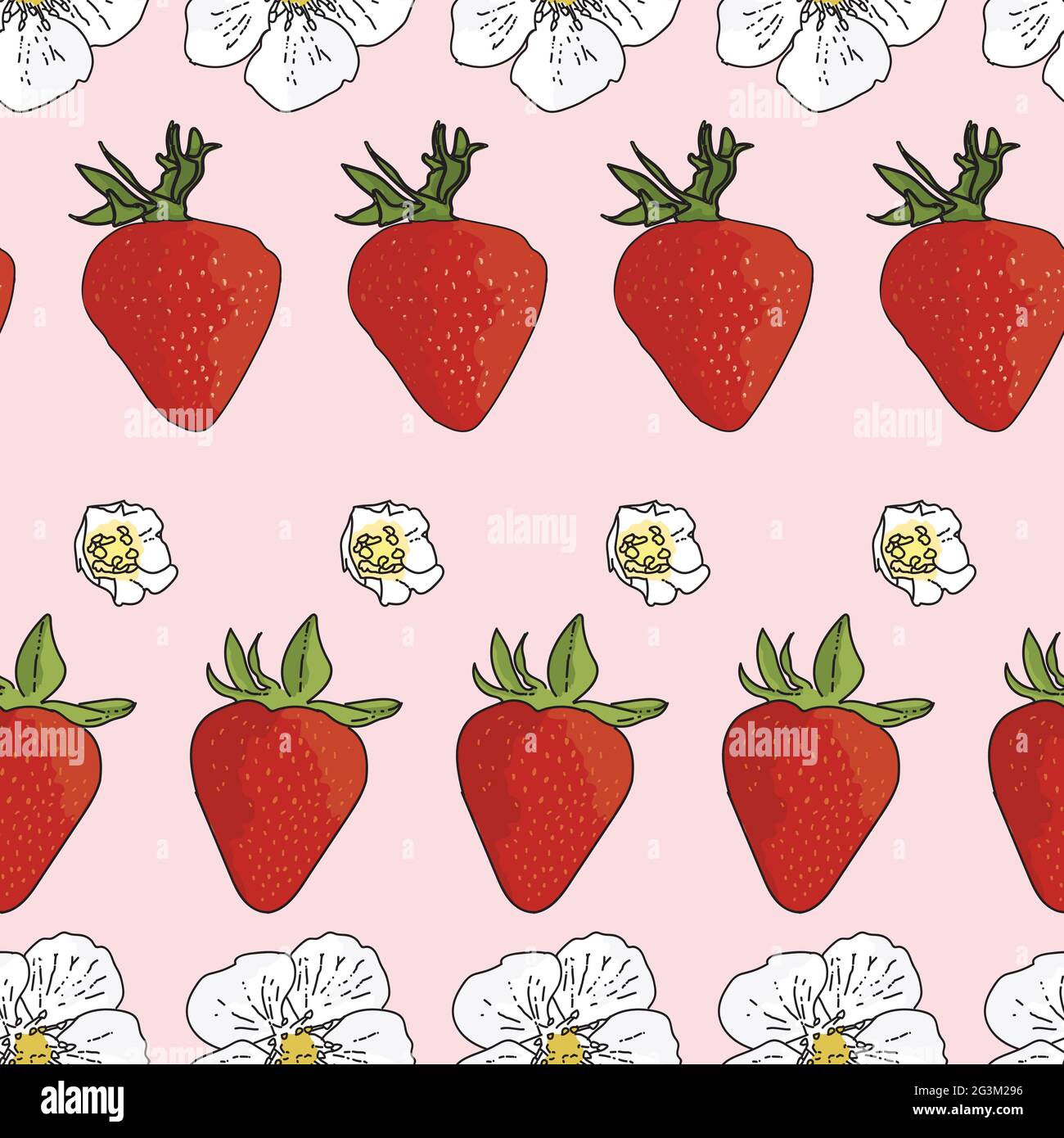 Vector pastel pink background garden strawberries, berry flowers ...