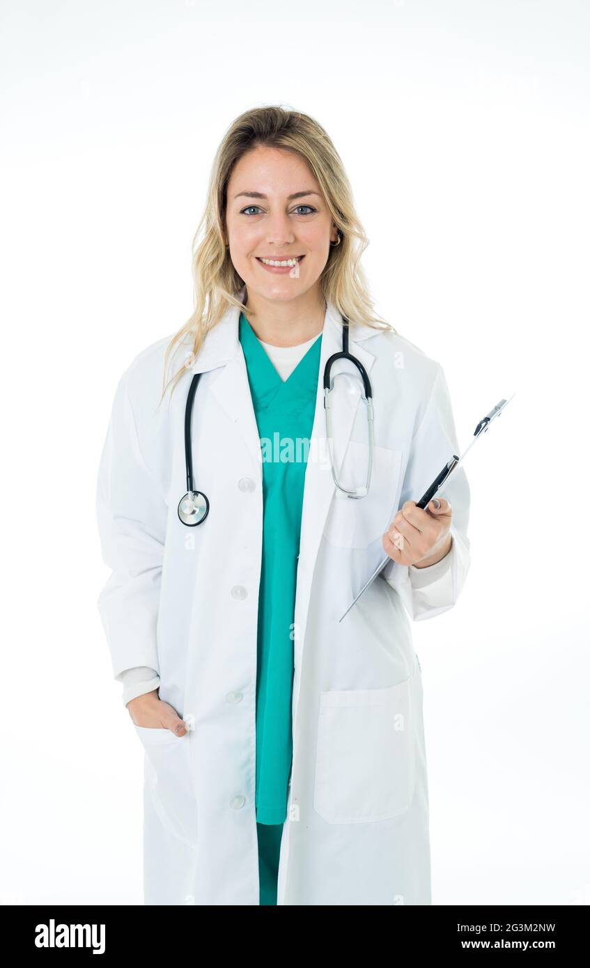 Happy female doctor with clipboard and stethoscope in lab coat hospital uniform. Portrait ...
