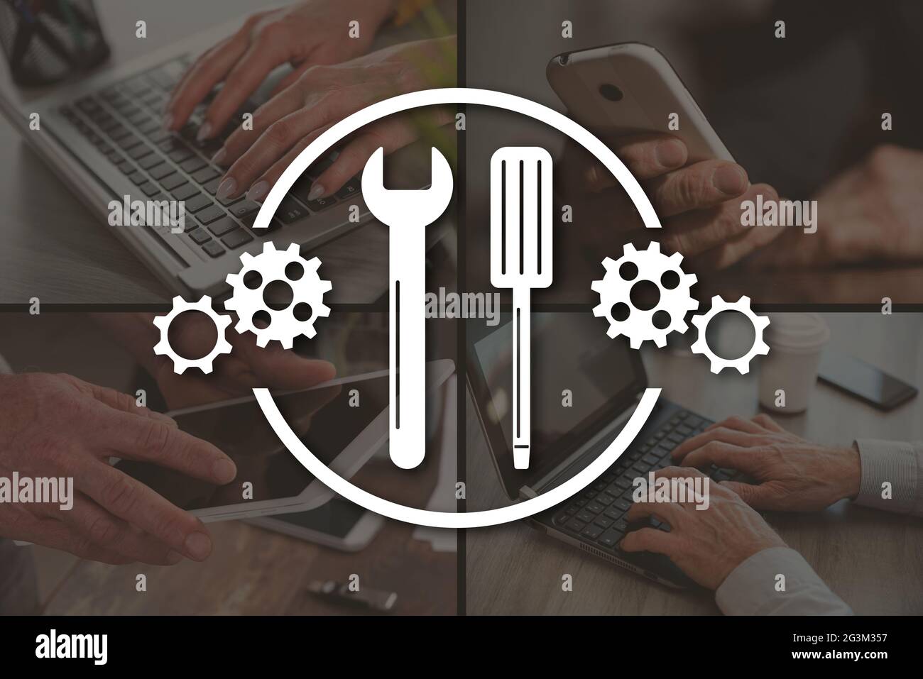 Maintenance service concept illustrated by pictures on background Stock ...