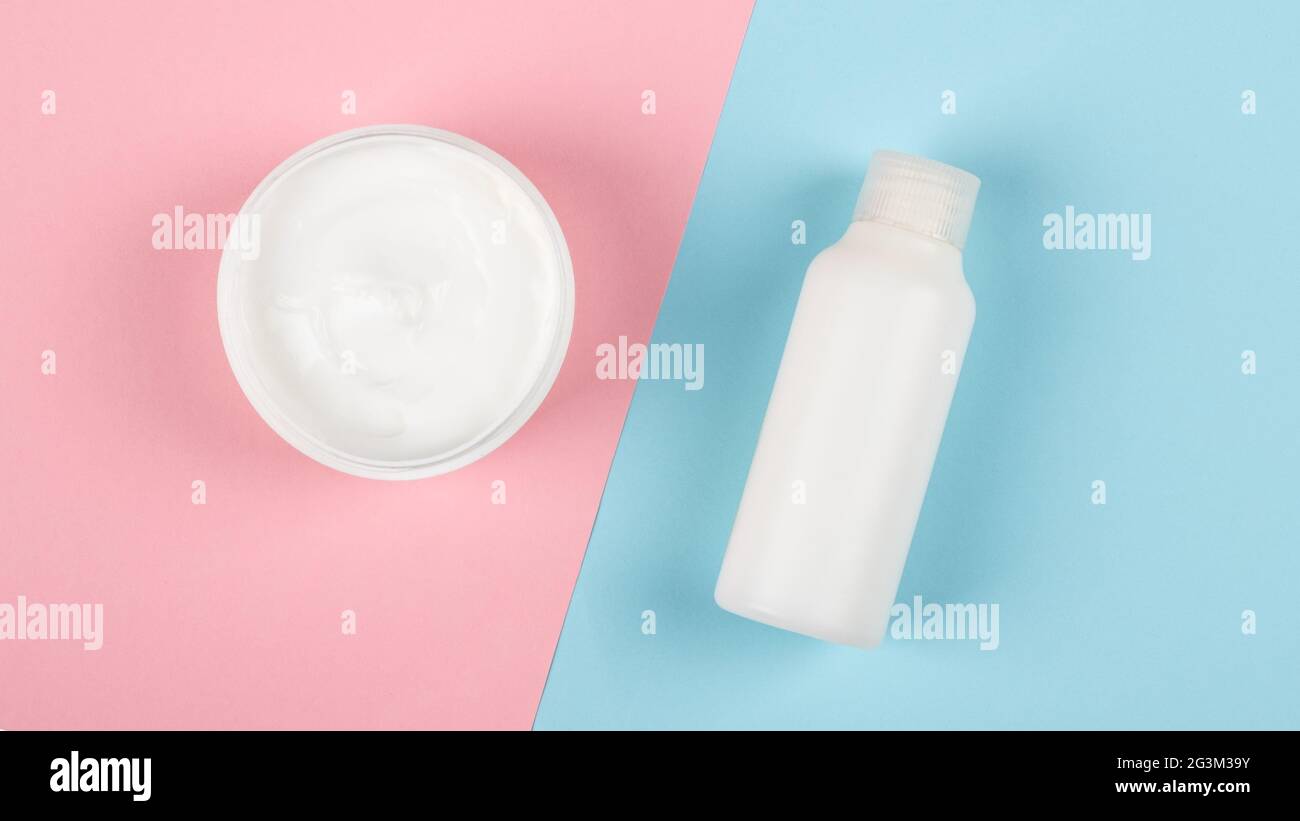 cream cosmetics on blue pink background,..beauty skin care Stock Photo ...