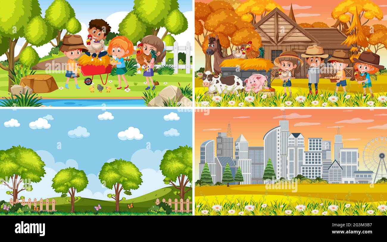 Set of different nature scenes cartoon style illustration Stock Vector ...
