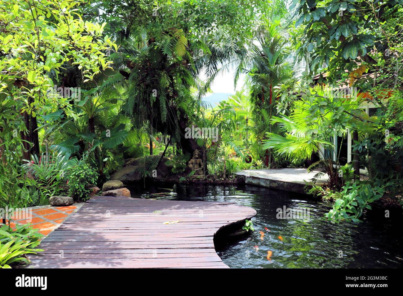 Tropical park design, fountain and pond with waterfall Stock Photo - Alamy