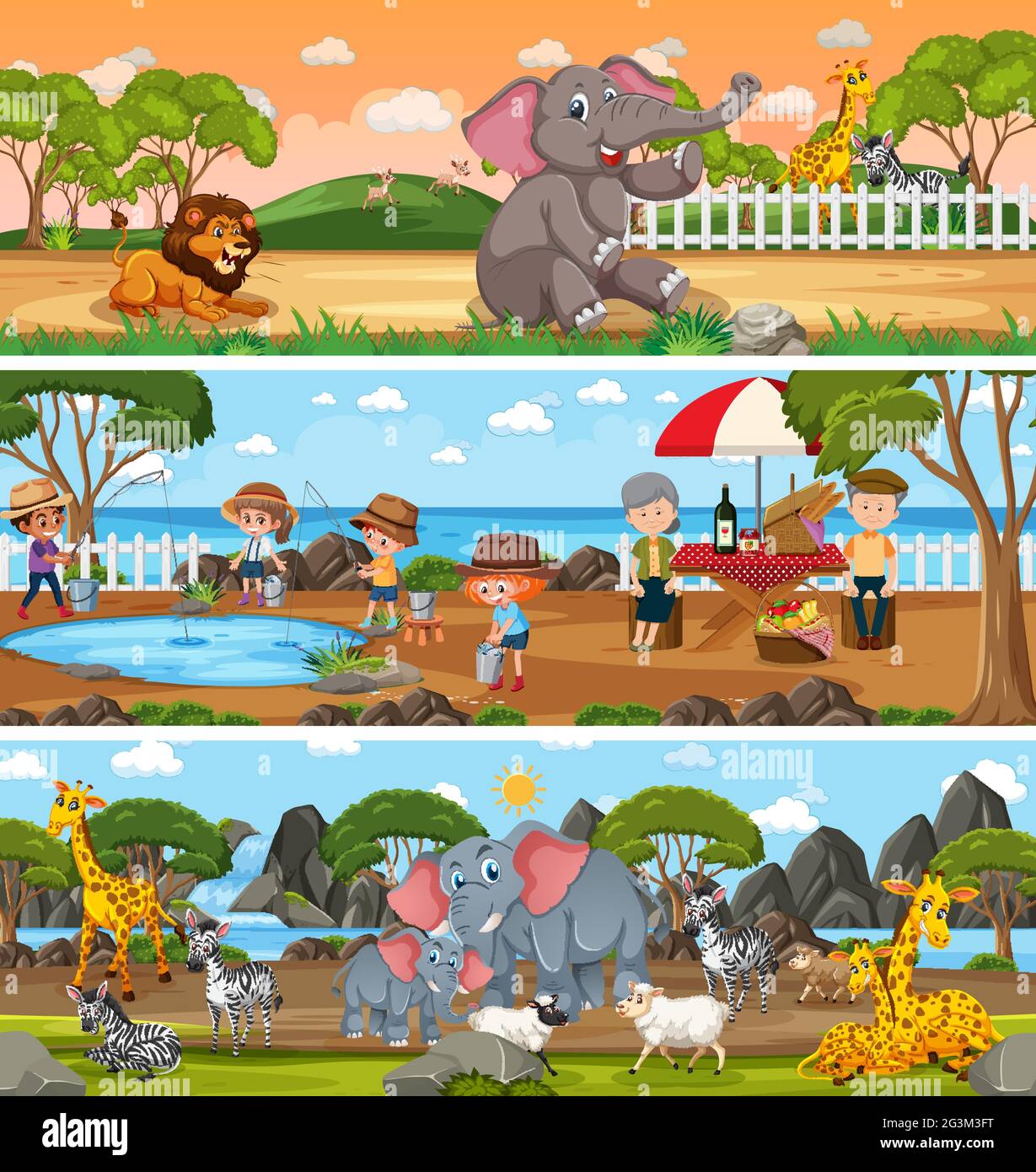Different panoramic nature landscape set with cartoon character ...