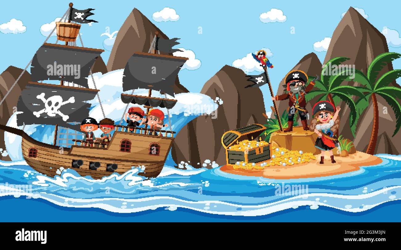 Treasure Island scene at daytime with Pirate kids on the ship ...
