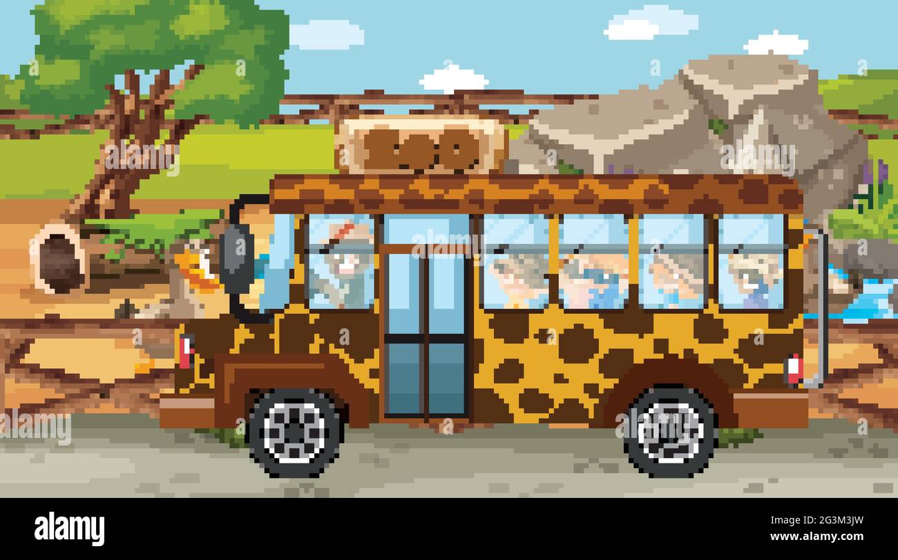 Zoo scene with children in the bus touring illustration Stock Vector ...