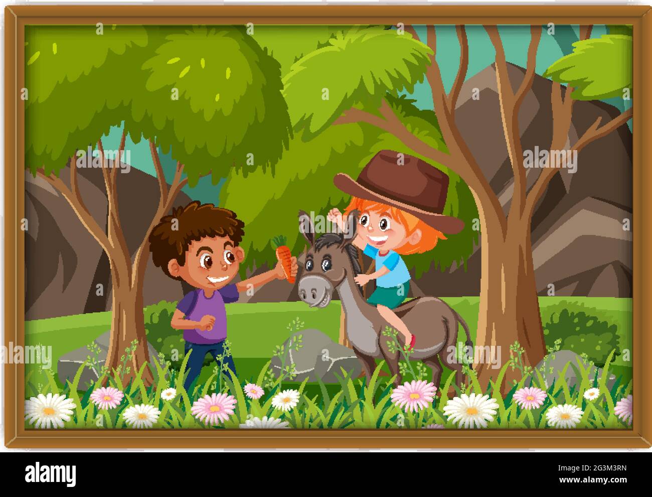 Happy kids playing with donkey photo in a frame illustration Stock ...