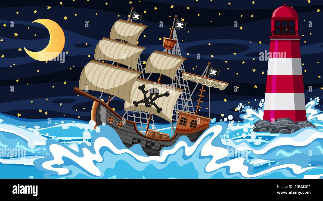 Ocean scene at night with Pirate ship in cartoon style illustration ...