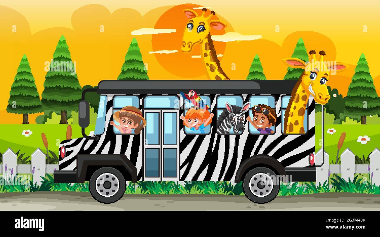 Safari at sunset scene with children and animals on the bus ...