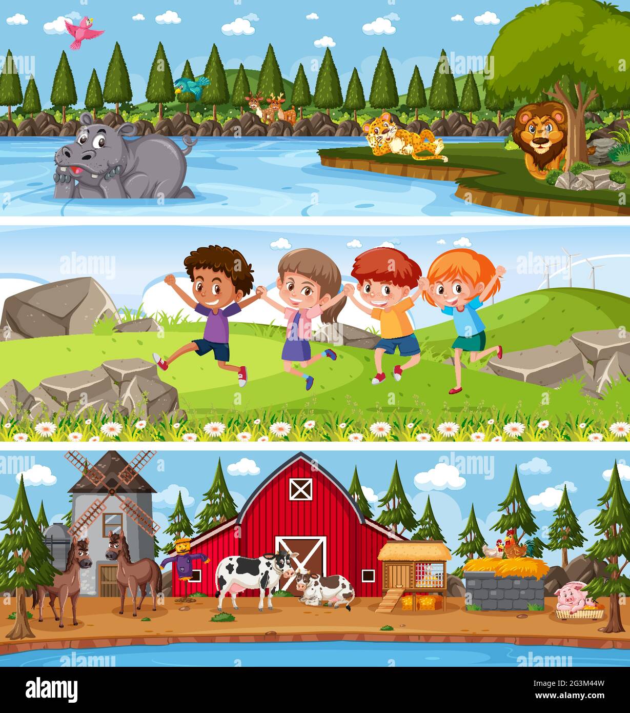 Set of different nature landscape at daytime scene with cartoon ...