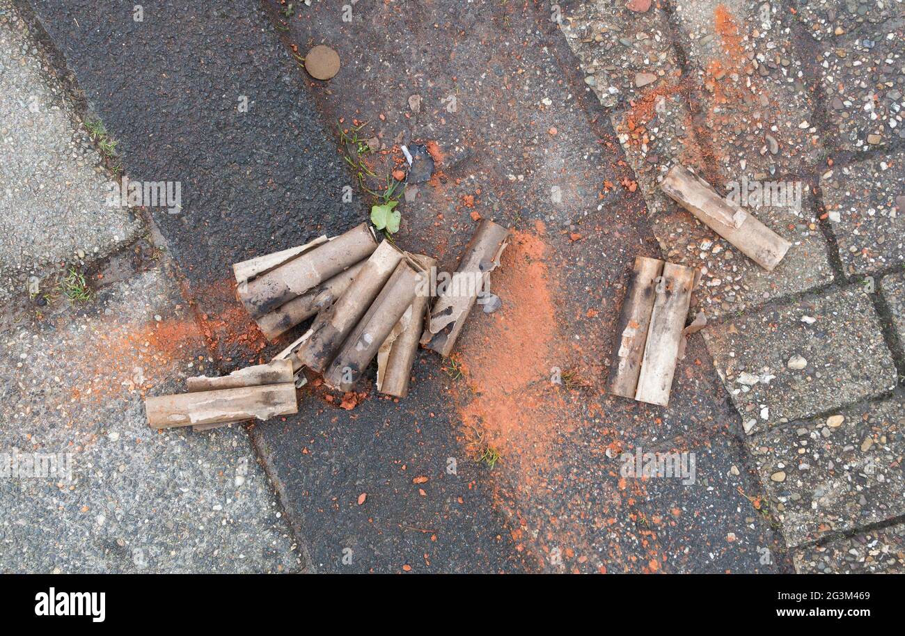 Used fireworks on te street Stock Photo - Alamy