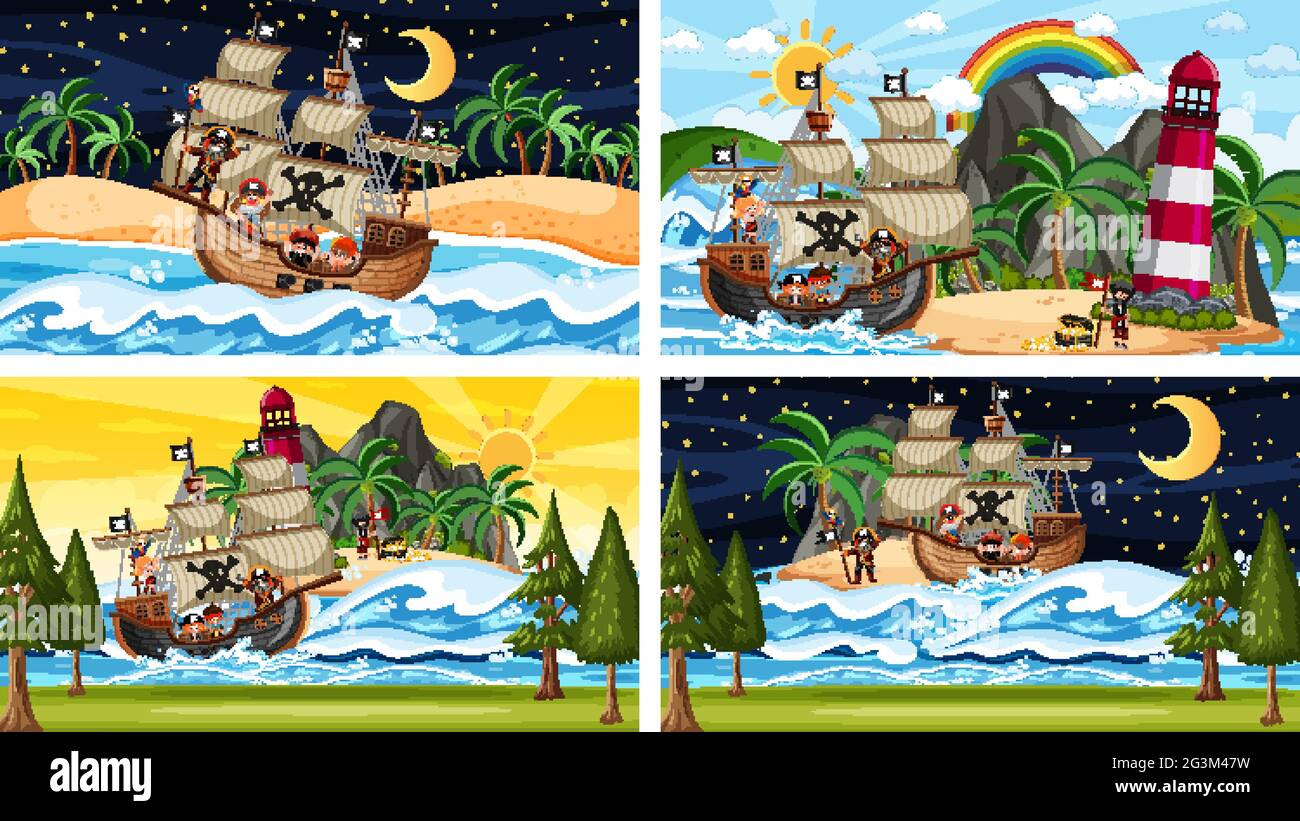 Set of different beach scenes with pirate ship illustration Stock ...