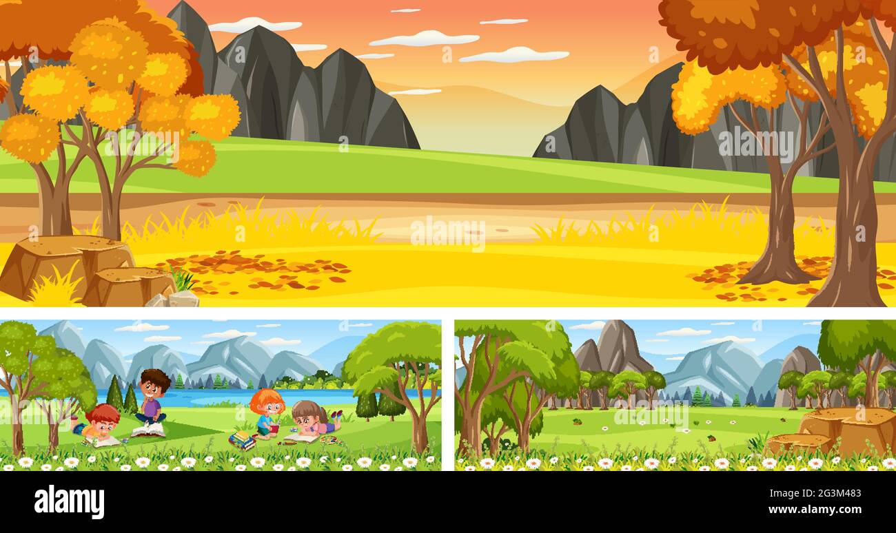 Set of different outdoor landscape scenes with cartoon character ...
