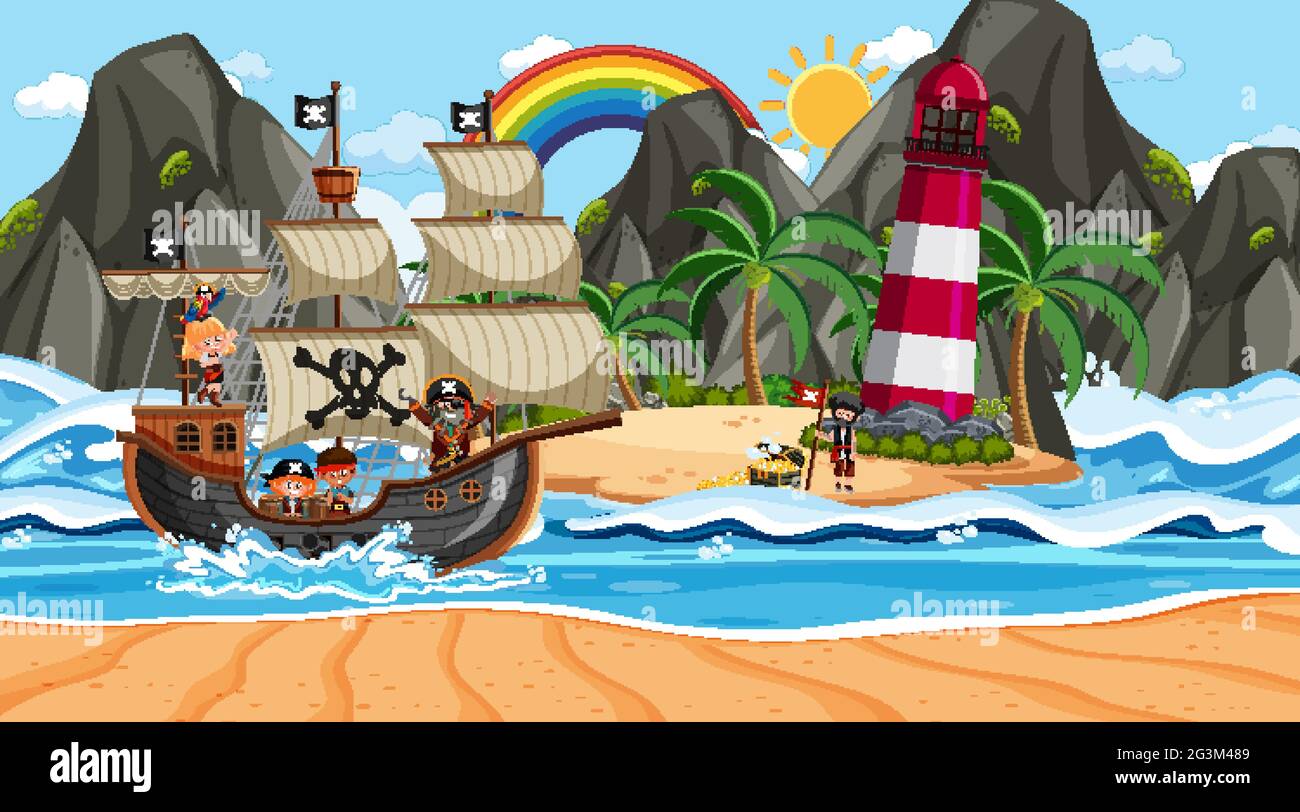 Beach at daytime scene with pirate kids cartoon character on the ship ...
