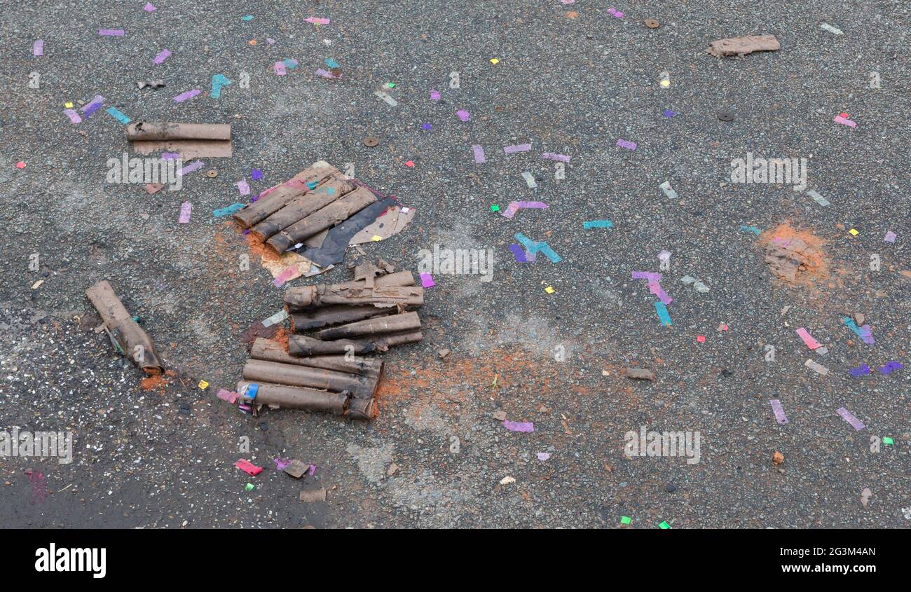 Used fireworks on te street Stock Photo - Alamy