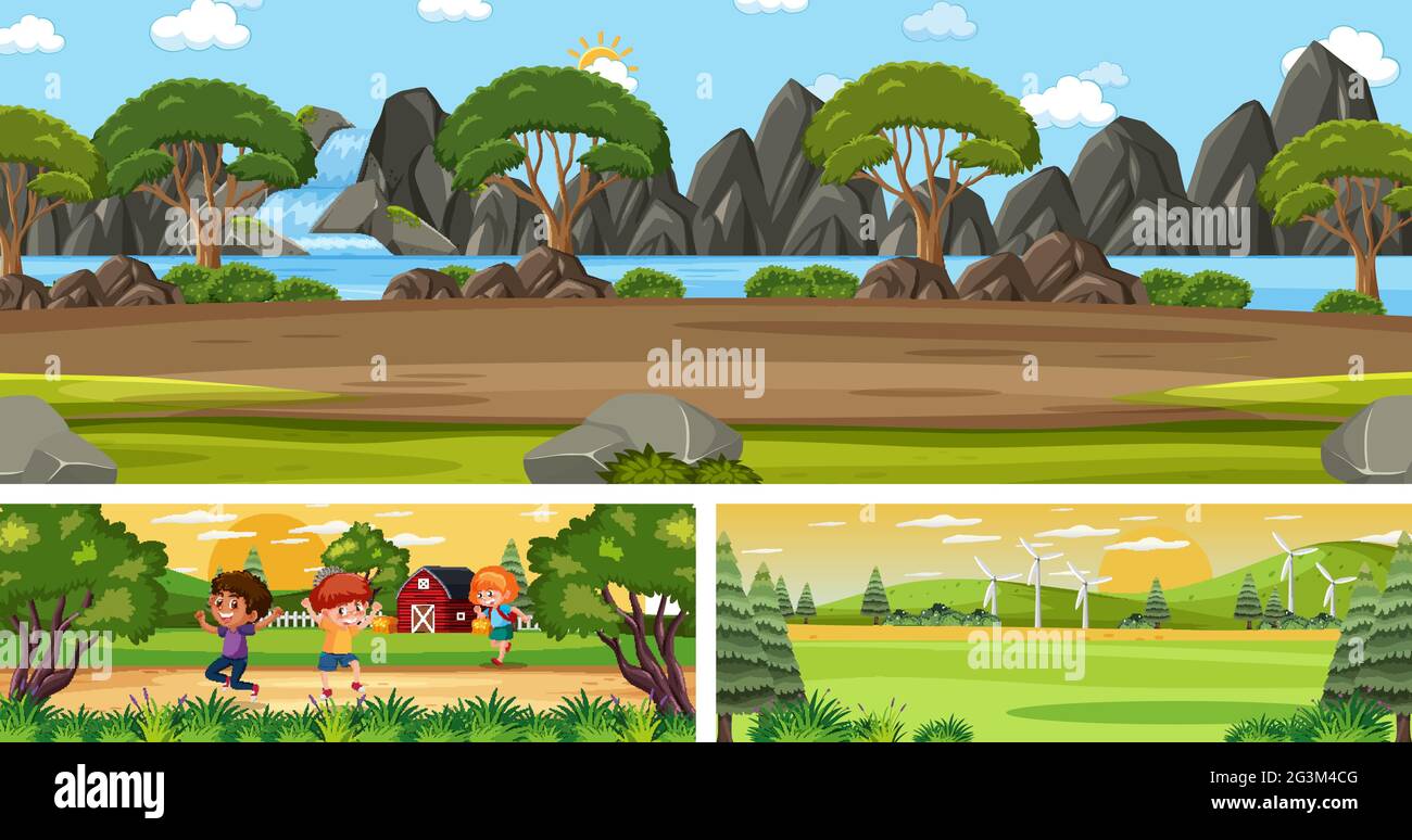Set of outdoor panoramic landscape with cartoon character illustration ...