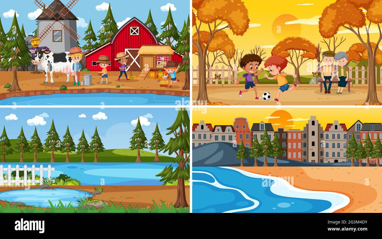 Set of different nature scenes cartoon style illustration Stock Vector ...
