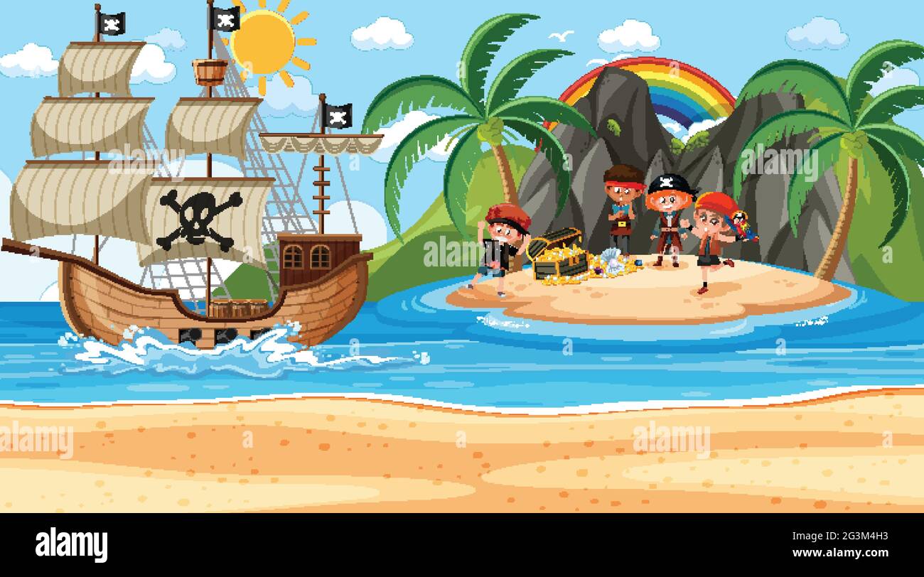 Treasure Island scene at daytime with Pirate kids illustration Stock ...