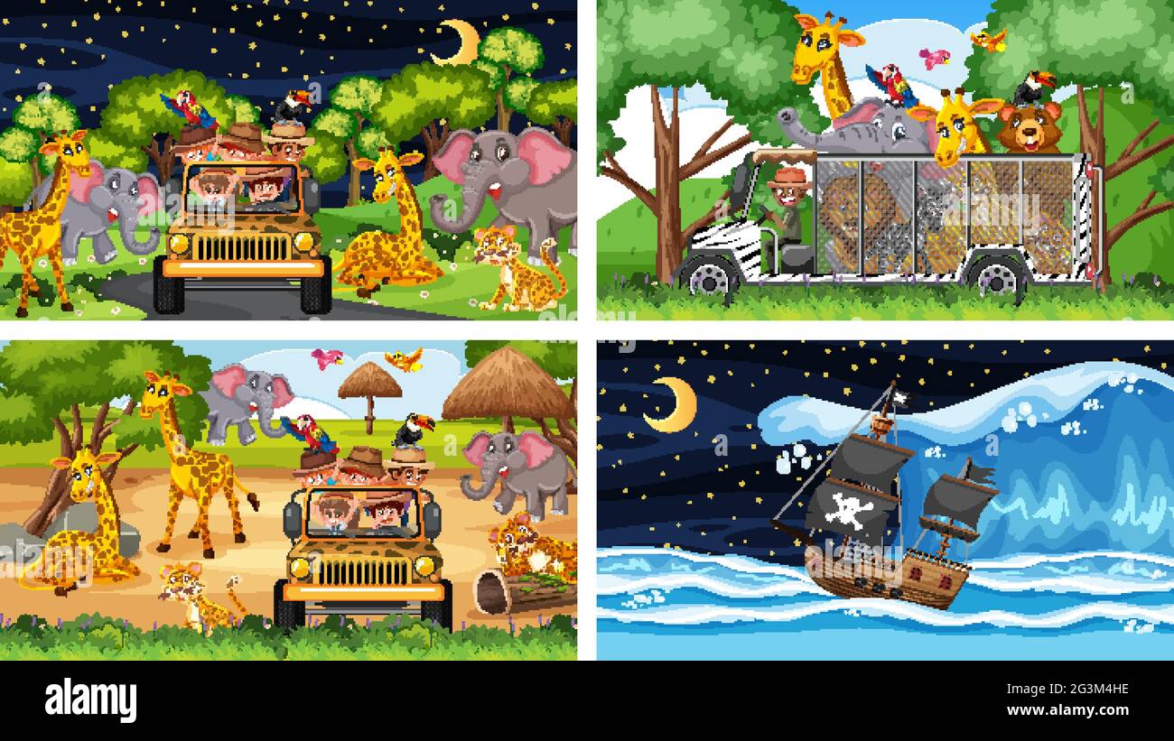 Set of different scenes with animals in the zoo and pirate ship at the ...