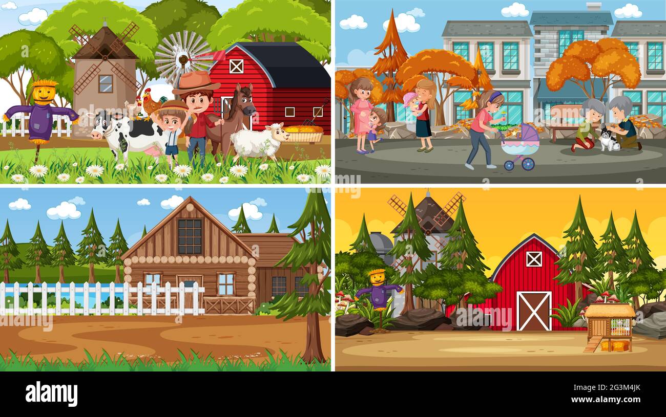 Set of different nature scenes background in cartoon style illustration ...