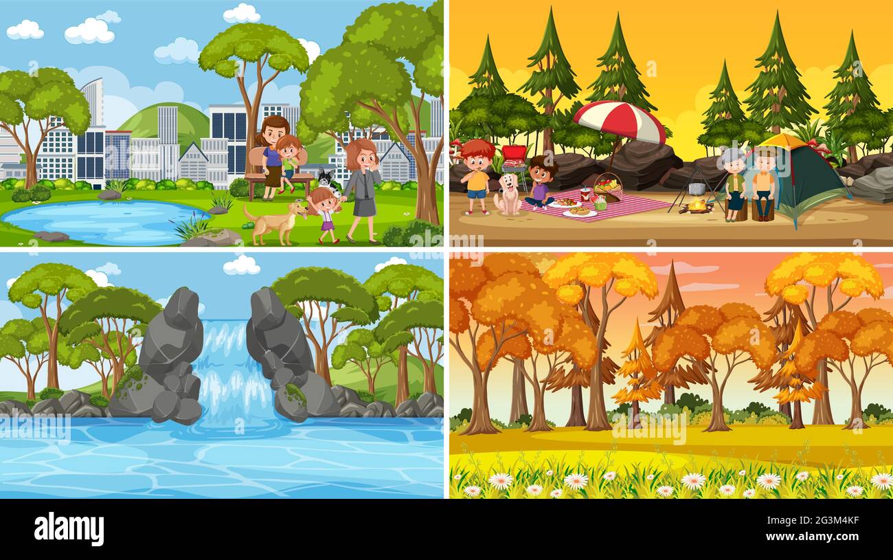 Set of different nature scenes cartoon style illustration Stock Vector ...