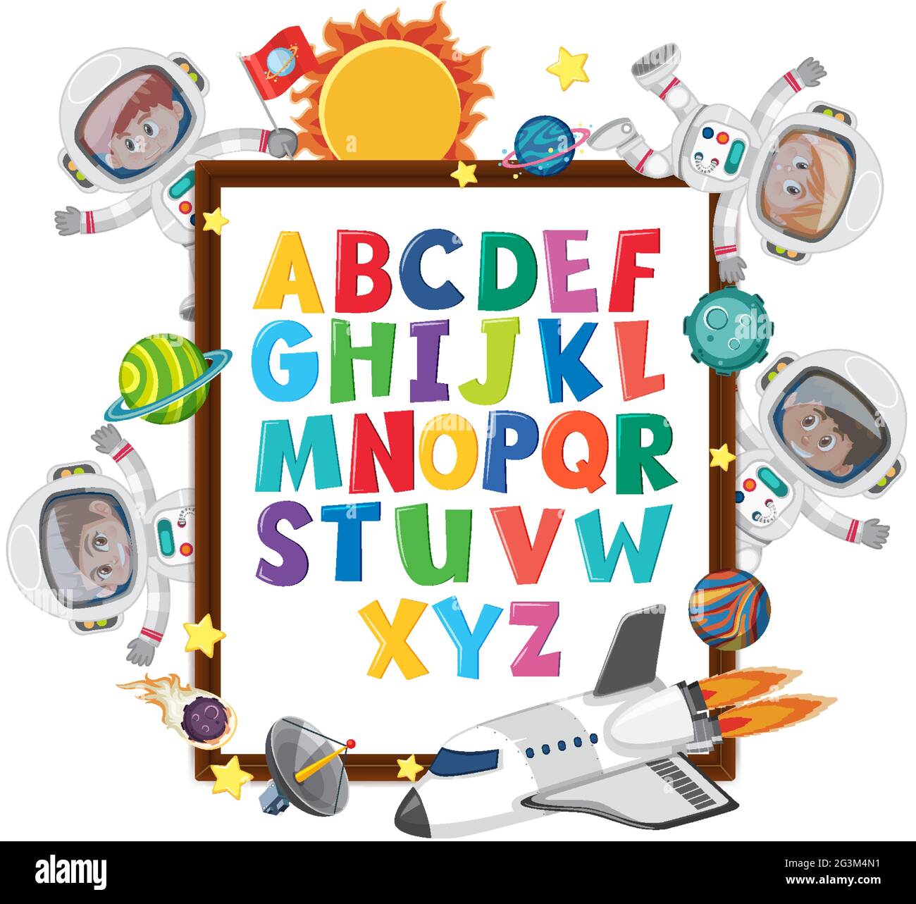 A-Z Alphabet board with kids in outer space theme illustration Stock ...