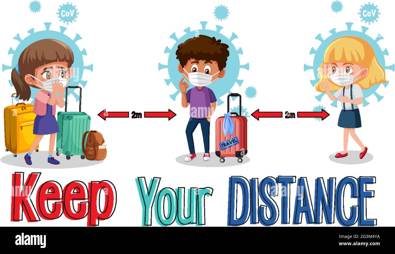 Keep your distance banner with cartoon character illustration Stock ...
