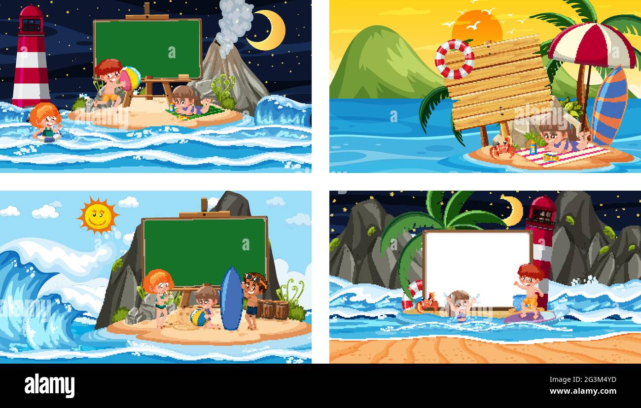 Set of different tropical beach scenes with blank banner illustration ...